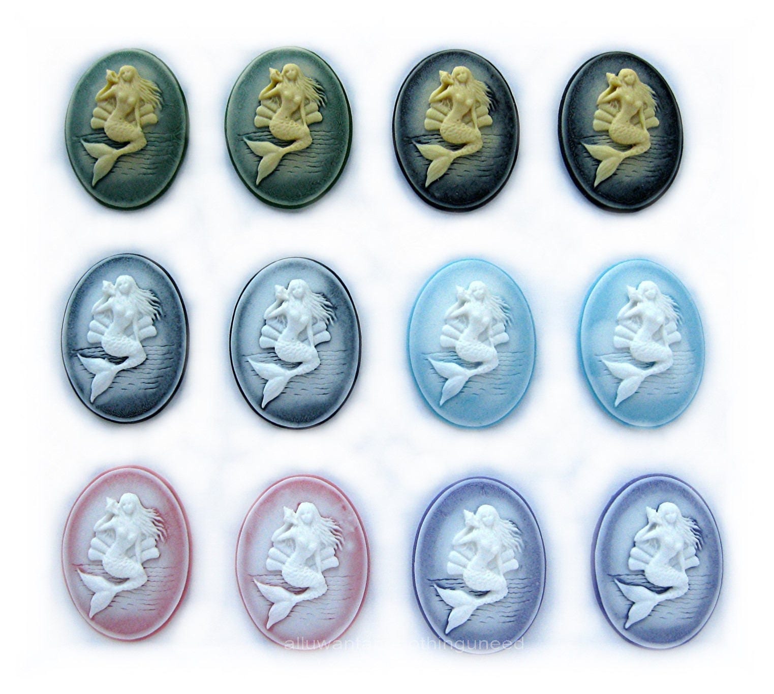 12 MULTI COLOR Vertical Mermaid With Seashell Cameo Lot of 40mm X 30mm ...