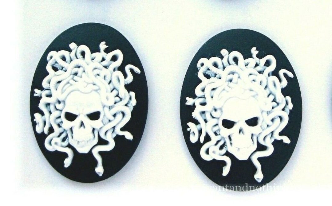 2 Goth Punk Halloween Emo Gorgon White Color on Black MEDUSA SKULL W ...