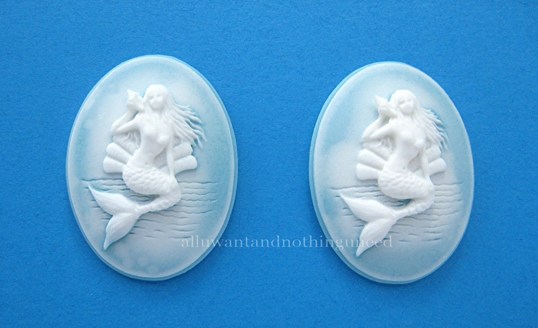 2 White on Baby Blue Vertical Mermaid Holding Seashell Cameo 40mm X ...