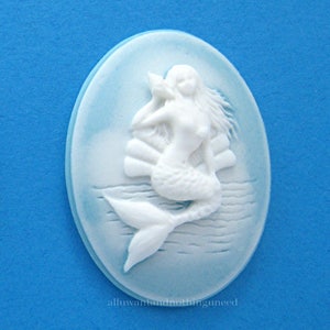 2 White on Baby Blue Vertical Mermaid Holding Seashell Cameo 40mm X ...