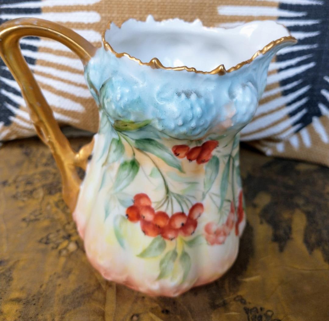 Antique Hand-painted Porcelain Creamer: Gilded Gold Handle, Botanical ...