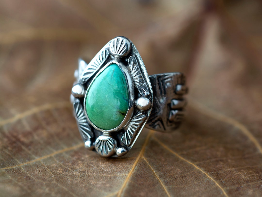 Turquoise Silver Ring Sz 6, Handmade Bohochic Jewelry, Green Turquoise Stone in Bezel Setting on ...