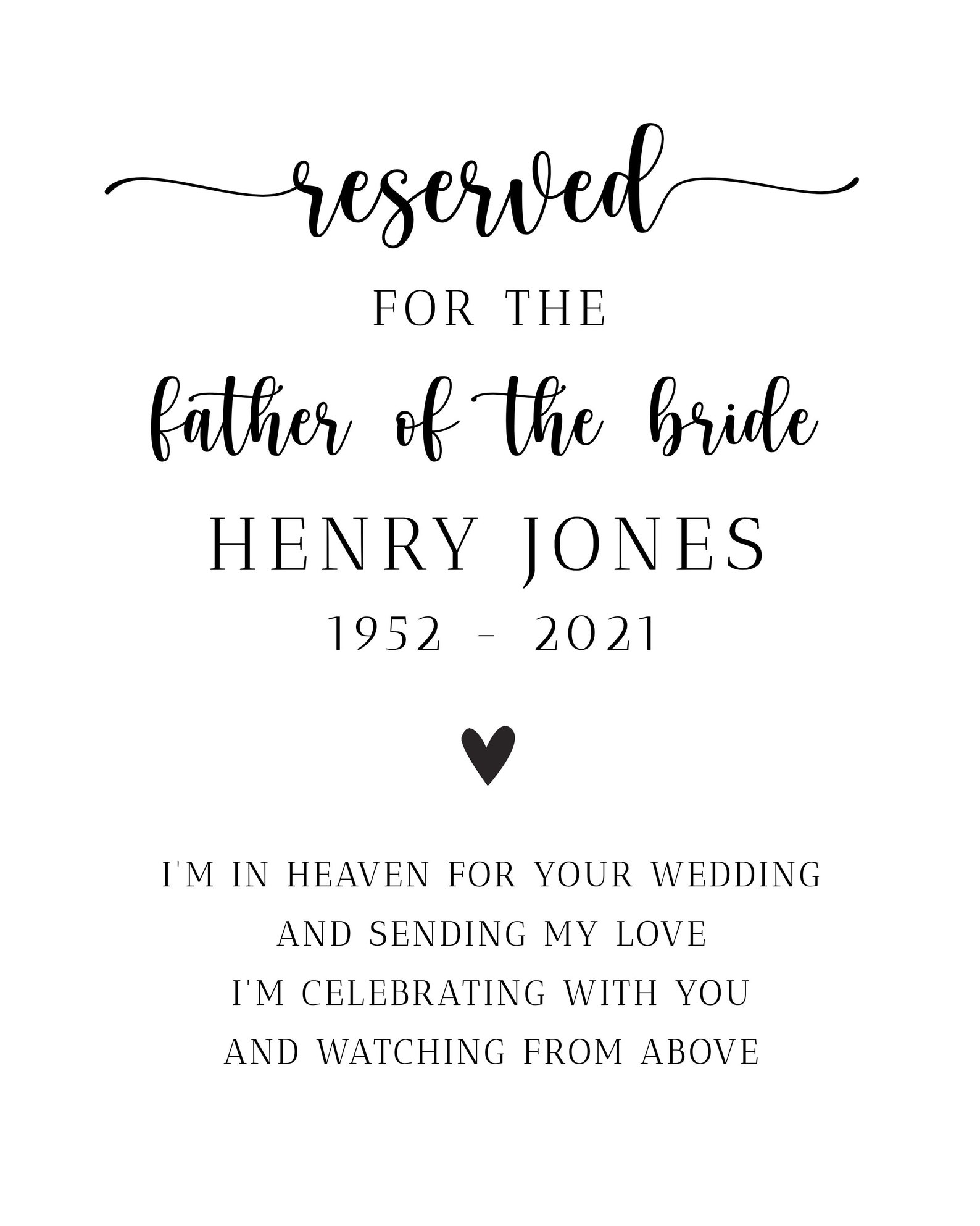 Editable Reserved for the Father of the Bride Printable. Reserved ...