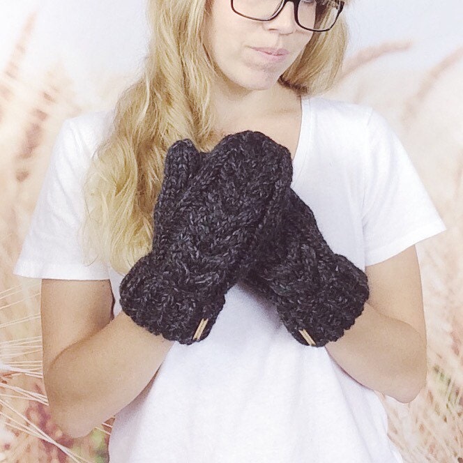 Charcoal Grey Chunky Cable Knit Mittens Womens Knitted Cable - Etsy