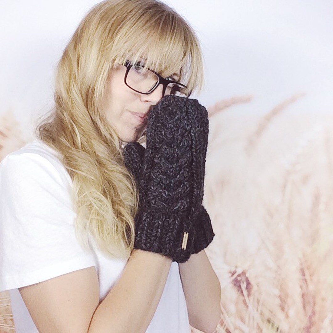 Charcoal Grey Chunky Cable Knit Mittens, Womens Knitted Cable Mittens ...