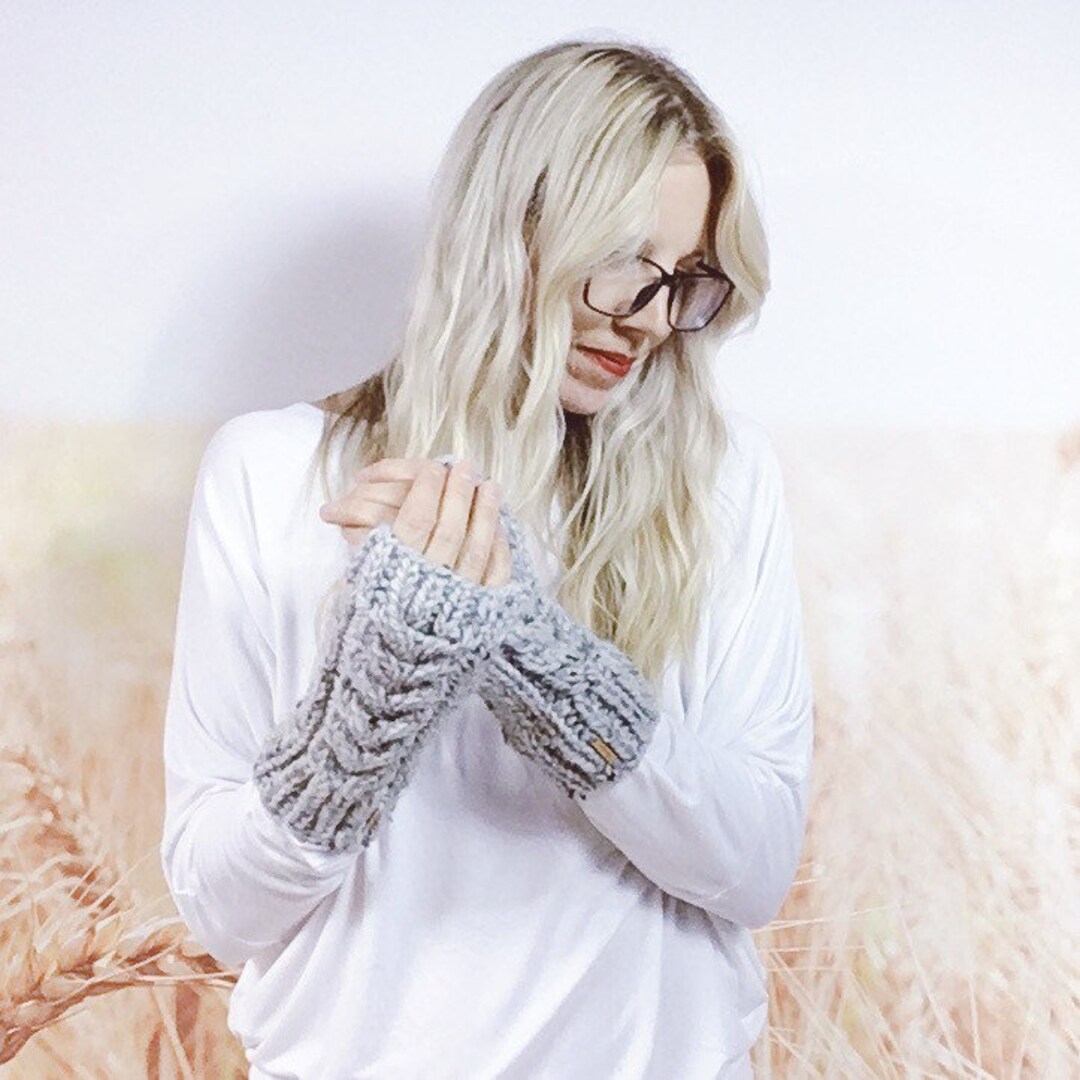 Women's Knitted Fingerless Mittens, Hand Knit Cabled Wrist Warmers in ...
