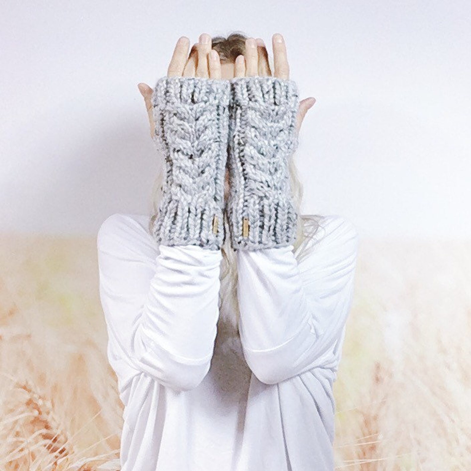 Women's Knitted Fingerless Mittens, Hand Knit Cabled Wrist Warmers in ...