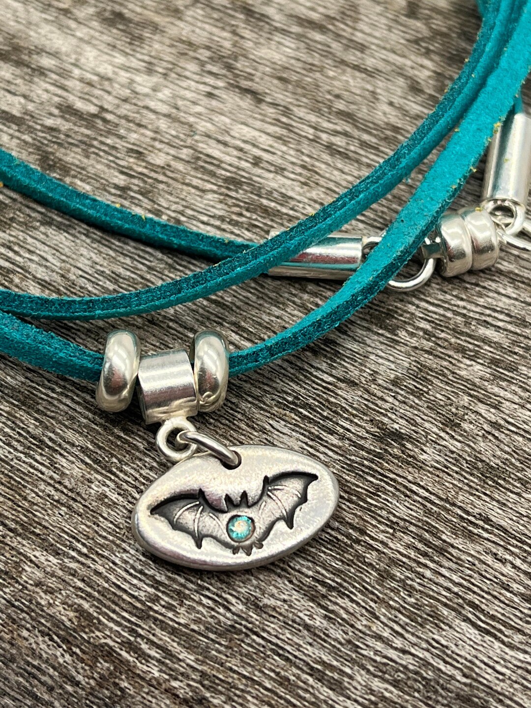 Bat Bracelet With Tiny Silver Handmade Bat Charm on Teal Faux Suede ...