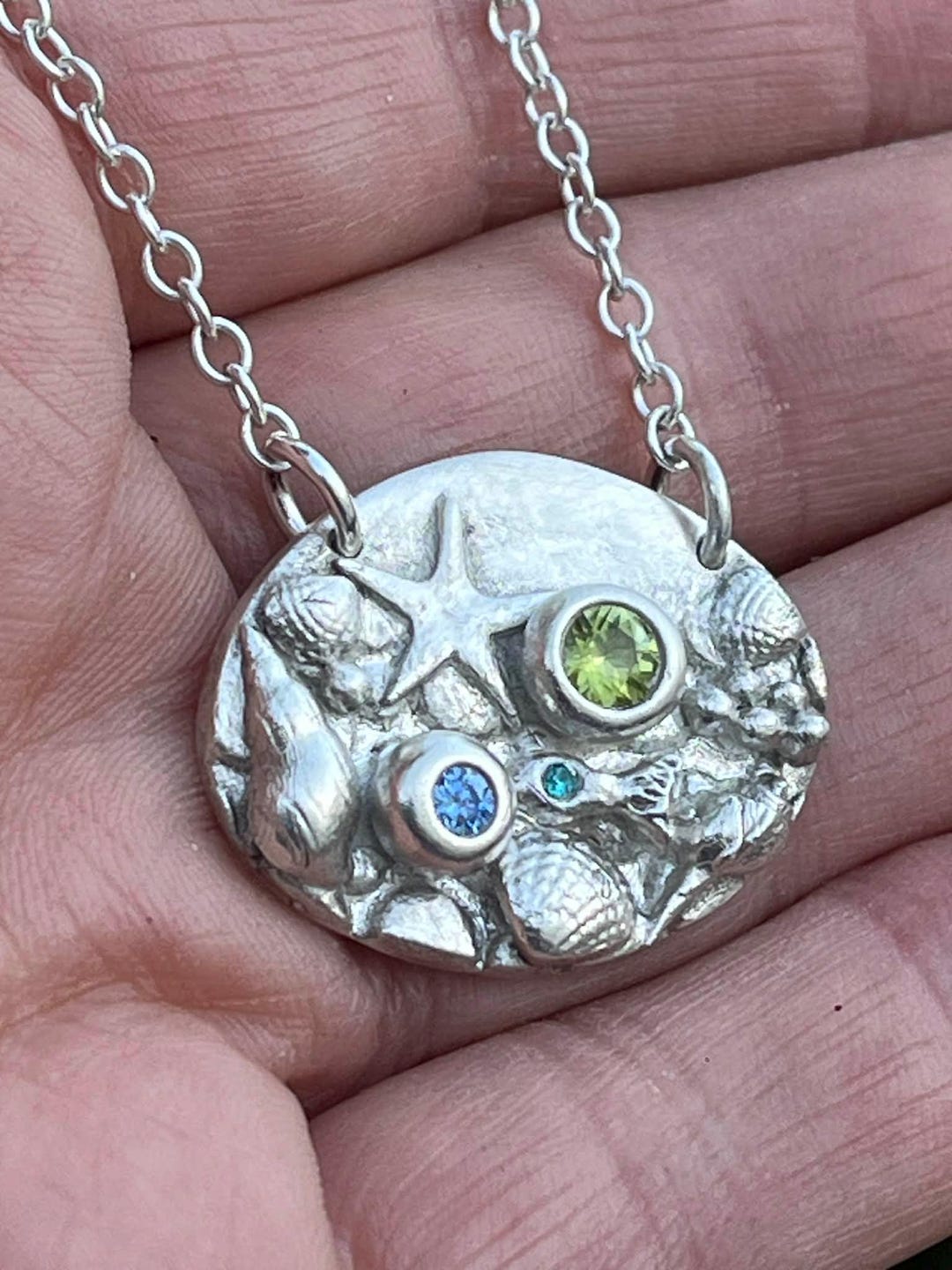 Silver Sea-inspired Shell Pendant With Gemstone Rockpools, Silver ...