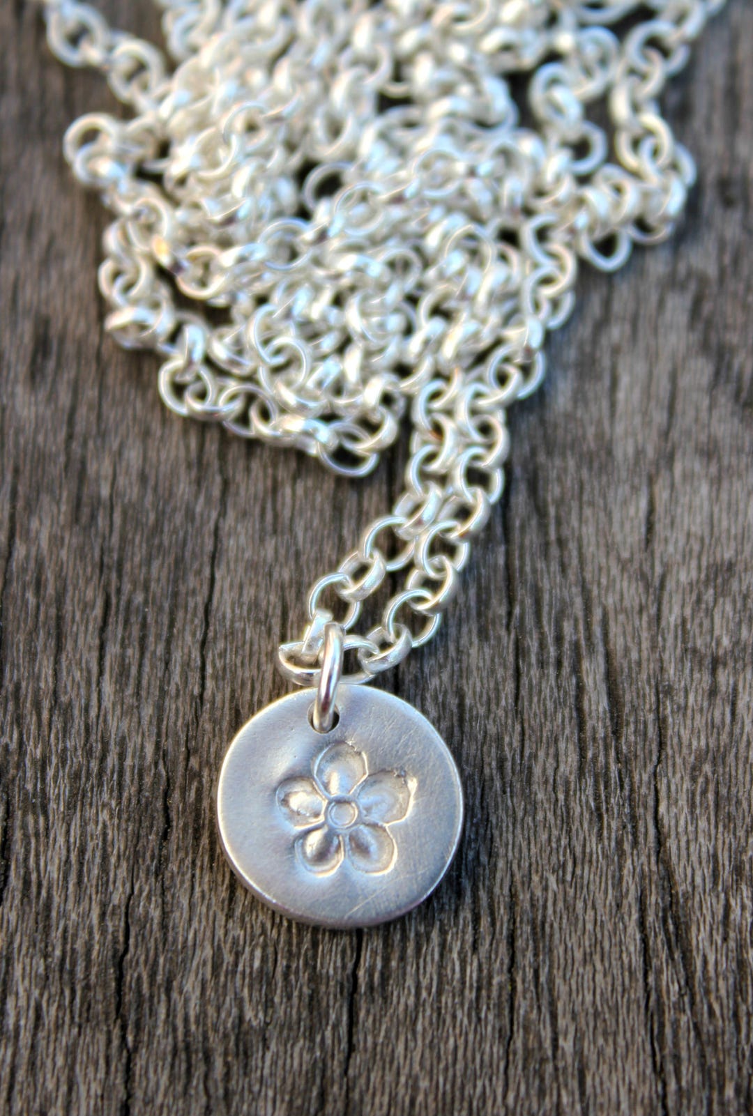 Tiny Silver Round Flower Pendant, Hand Stamped Forget-me-not, Silver ...