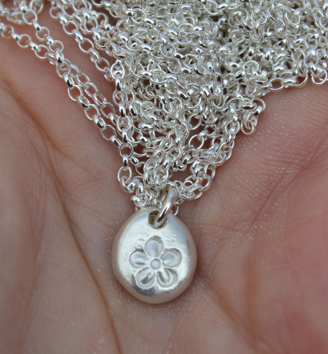 Little Brushed Silver Pebble Charm Pendant, Stamped Forget-me-not ...
