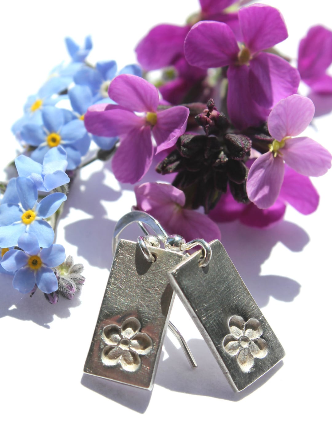Simple Silver Forget-me-not Flower Dangle Earrings, Rectangle Shape ...