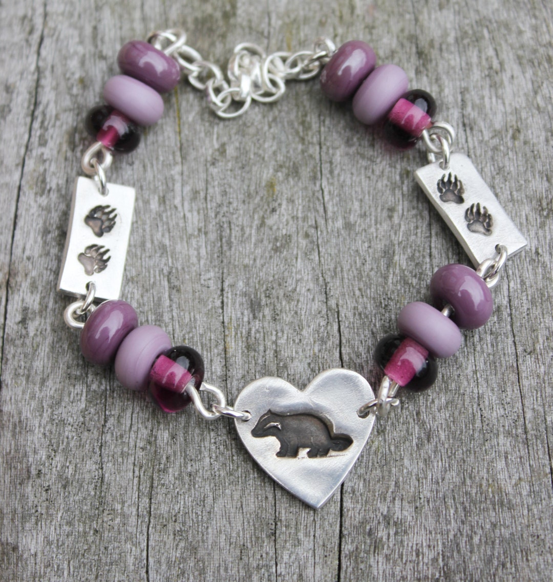 Handmade Silver Badger Heart Charm Bracelet With Purple Glass Lampwork ...