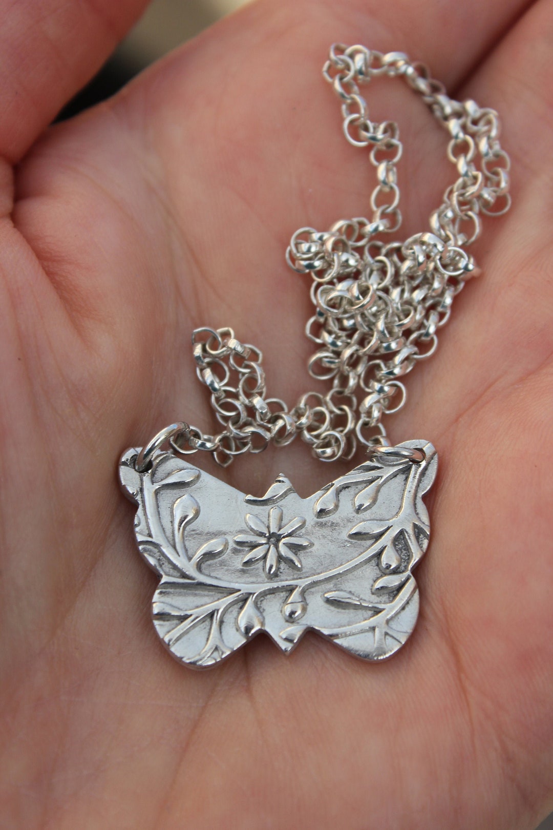 Large Silver Butterfly Shape Pendant Necklace, Floral Botanical Print ...