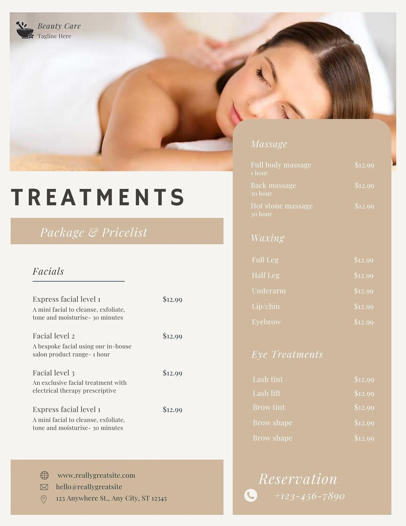 Canva Price List Template, Editable Price List, Spa Price List, Price ...