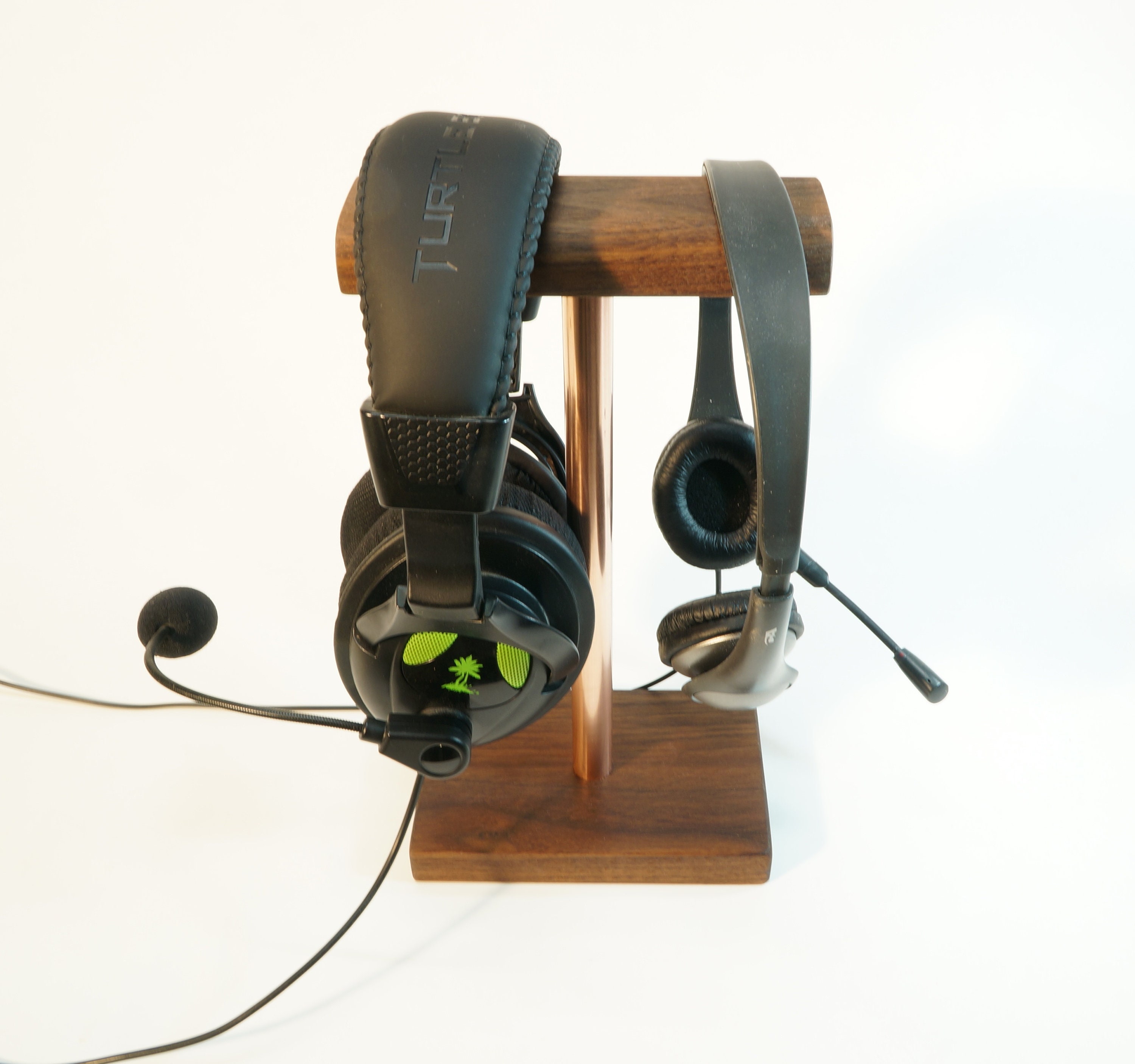 Double Headphone Stand made of Black Walnut and Copper | Etsy