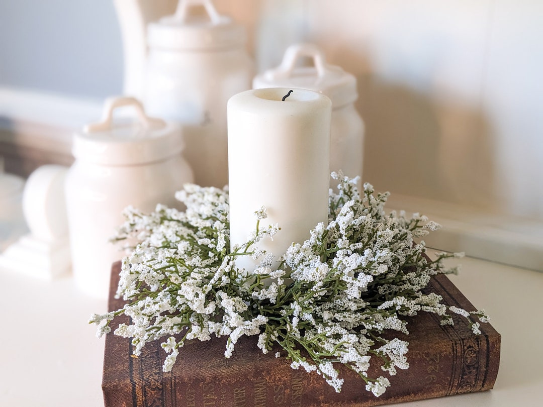White Heather Candle Ring, White Floral Candle Ring, 3 Inch Pillar ...