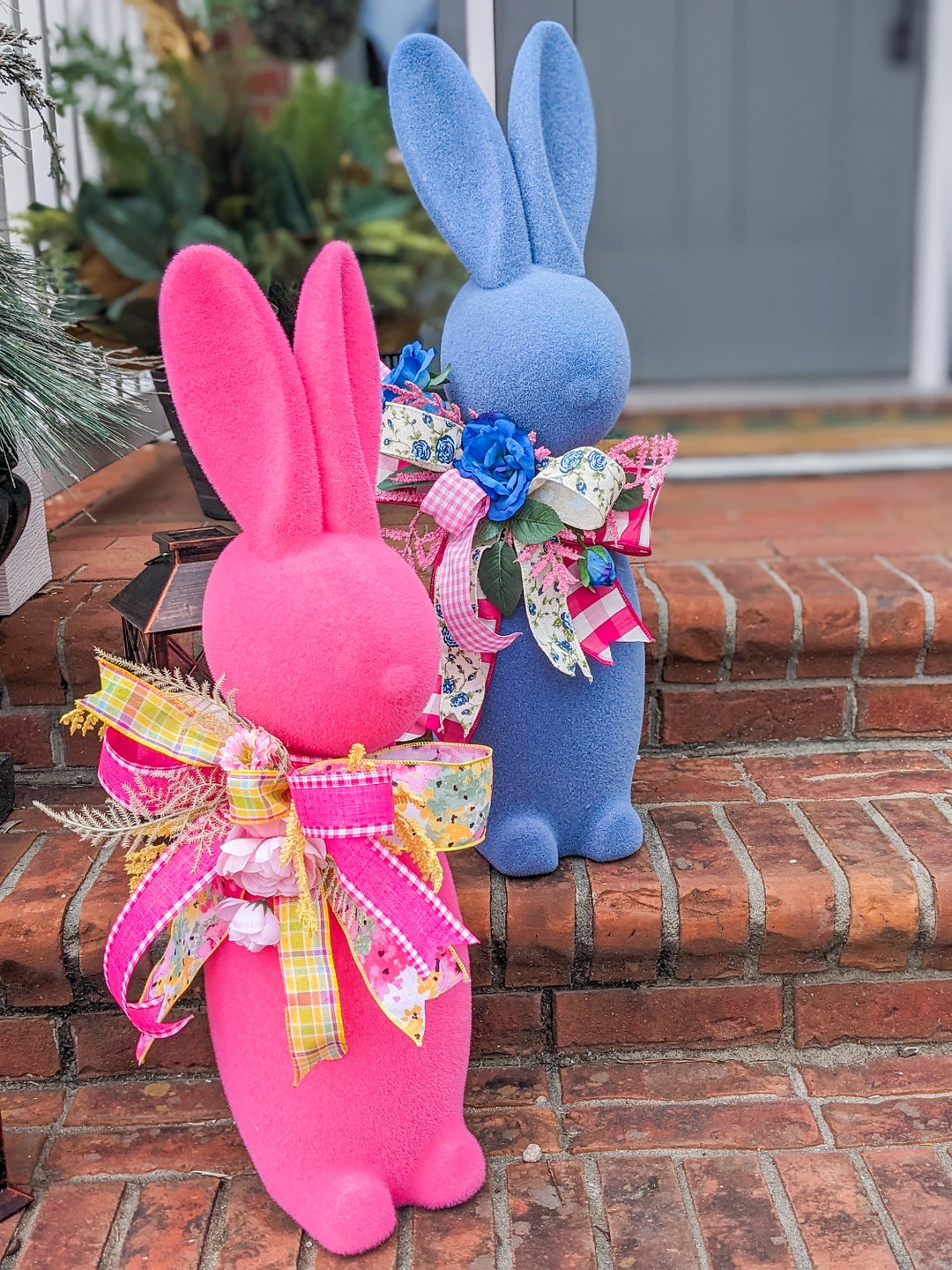 Large Flocked Bunny, Flocked Bunny With Bow and Flowers, Easter Front ...