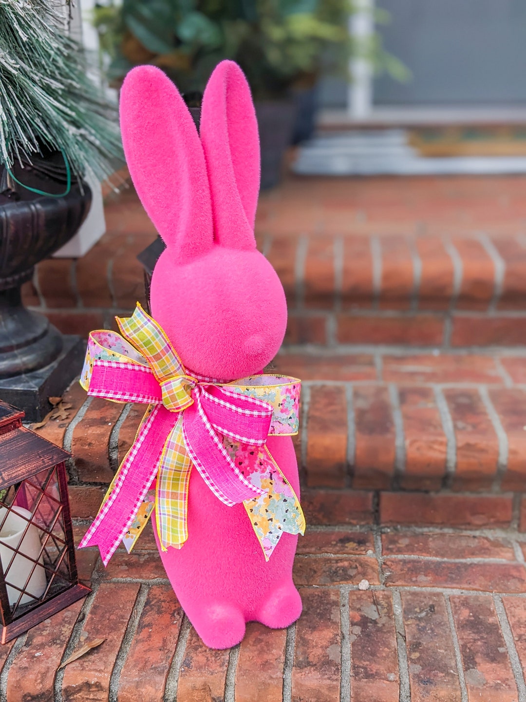 Large Flocked Bunny, Hot Pink Flocked Bunny With Bow, Easter Front ...