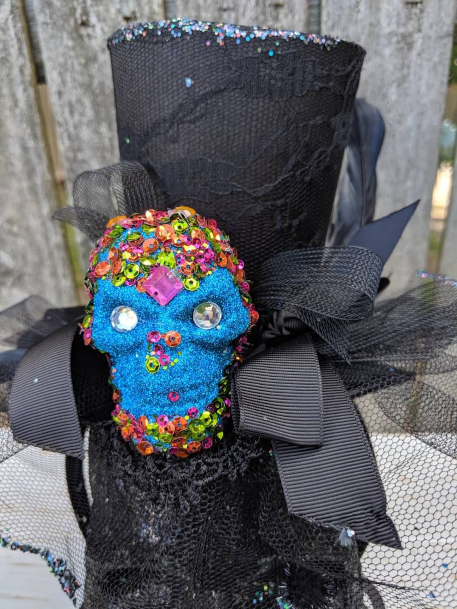 Halloween Top Hat, Skull Top Hat, Black Top Hat, Skull Decor, Wreath ...