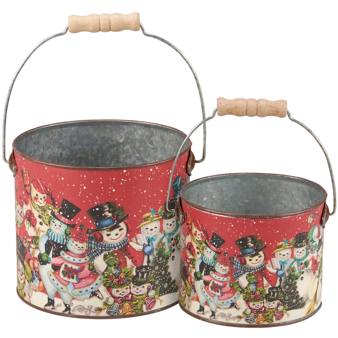 Retro Snowman Bucket, Vintage Christmas Decor, Metal Christmas Pail ...