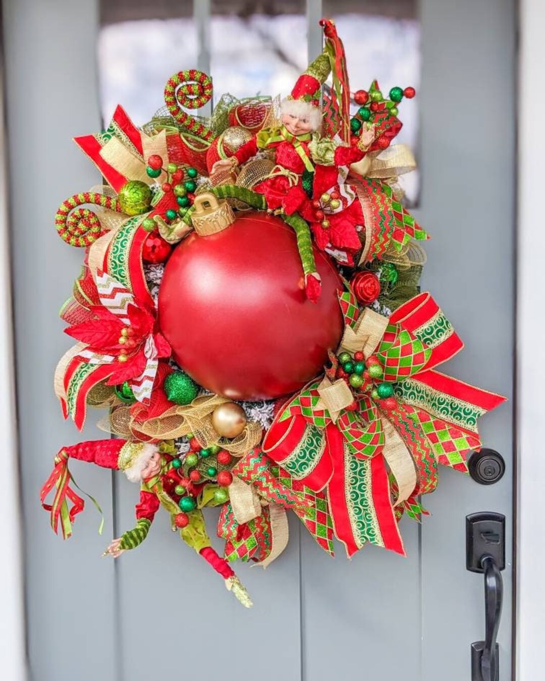 Elf Wreath, Red & Green Christmas Wreath, Ornament Wreath, Christmas ...