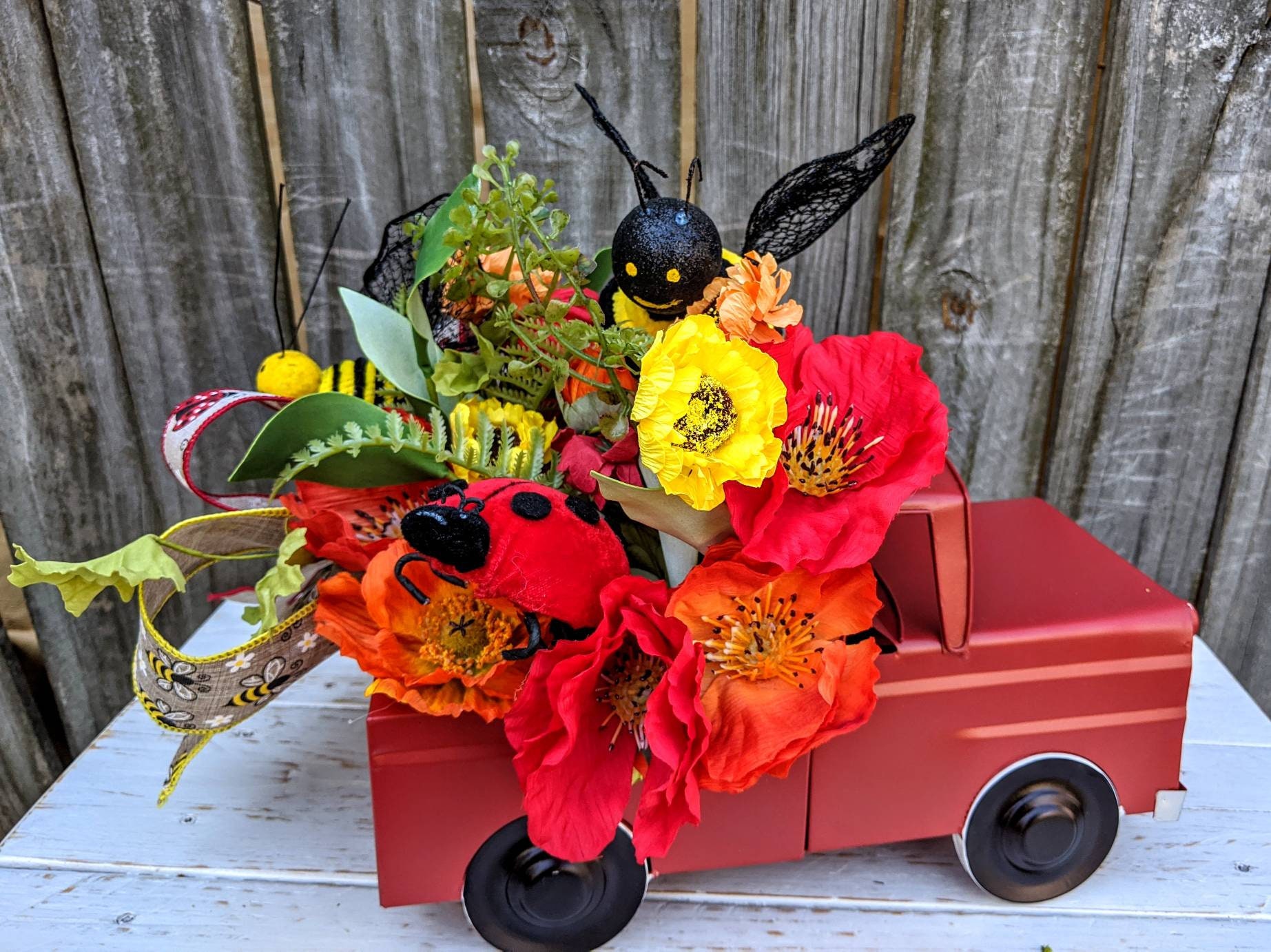 Spring Bee Centerpiece, Red Truck Decor, Ladybug Table Decor, Poppies ...