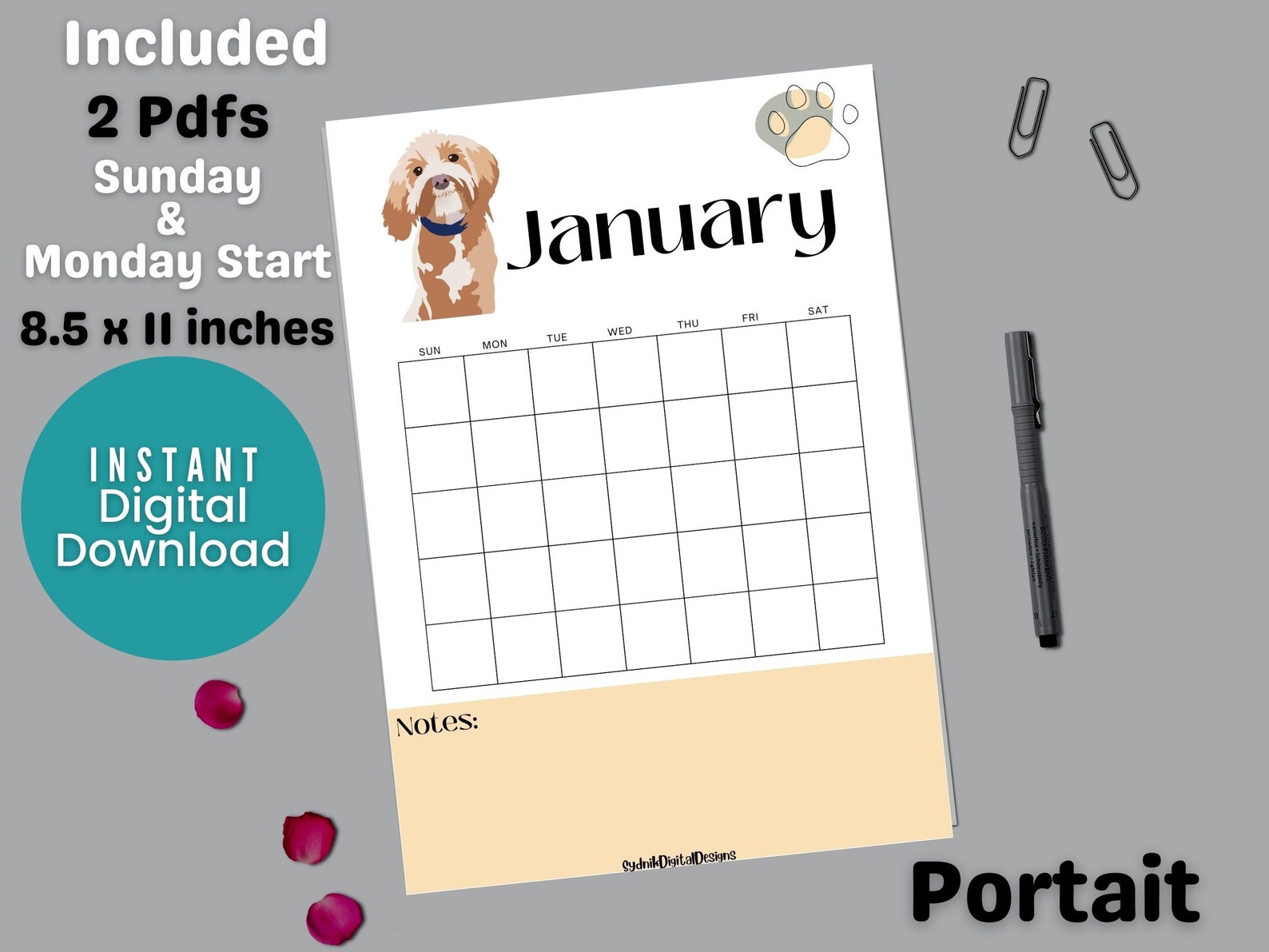 Printable Dog Lover Calendar| Portrait Calendar| Printable Calendar ...