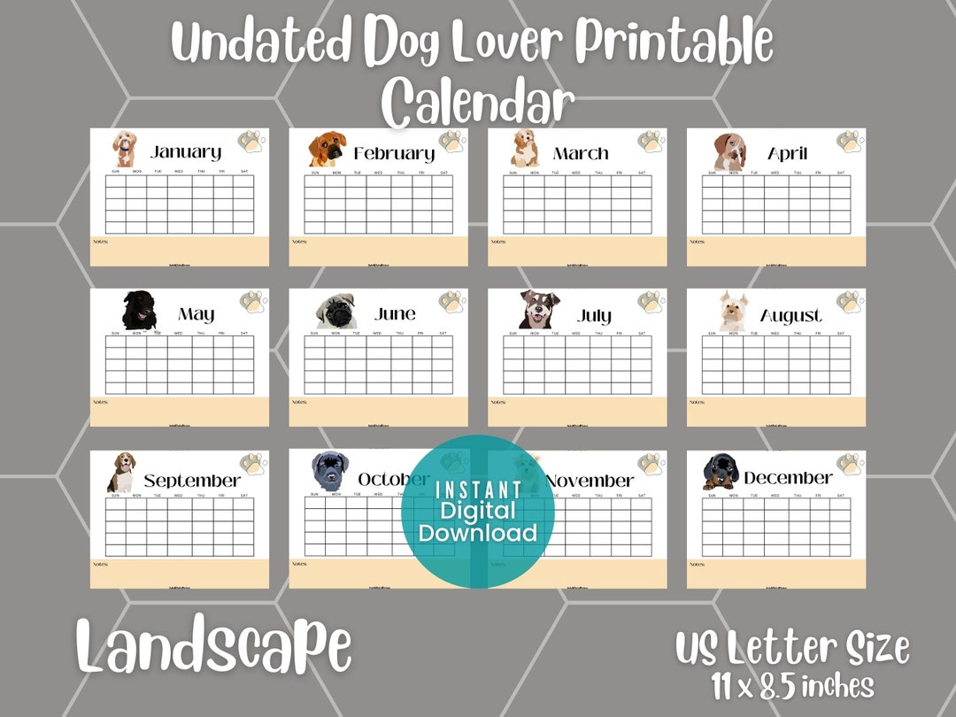Undated Printable Dog Lover Calendar| Landscape Printable Calendar| Dog ...