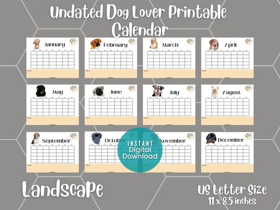 Undated Printable Dog Lover Calendar Landscape Printable - Etsy