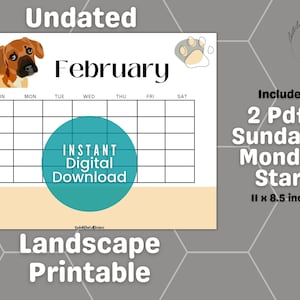 Undated Printable Dog Lover Calendar| Landscape Printable Calendar| Dog ...