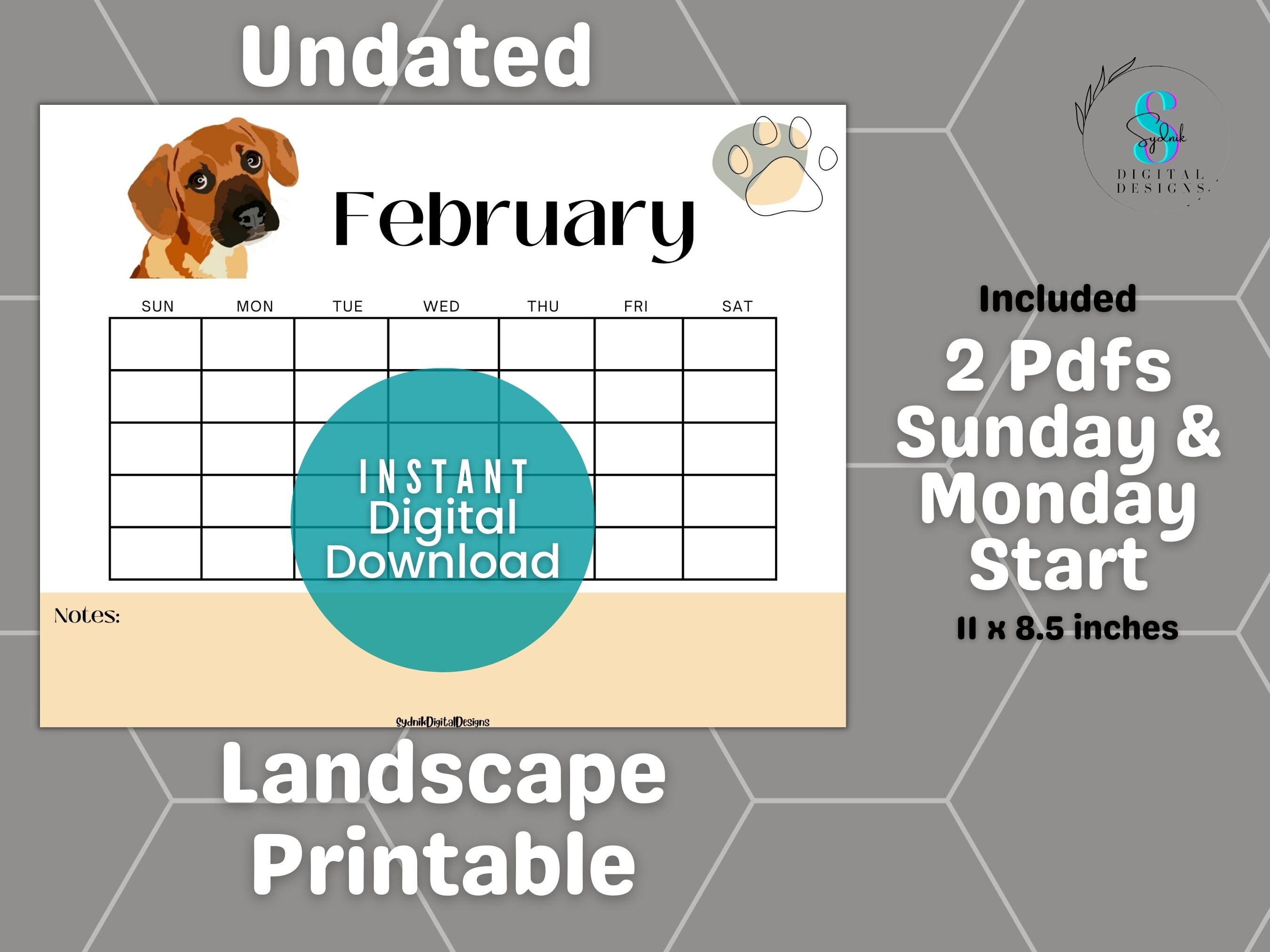 Undated Printable Dog Lover Calendar| Landscape Printable Calendar| Dog ...