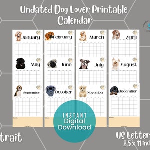 Printable Dog Lover Calendar| Portrait Calendar| Printable Calendar ...