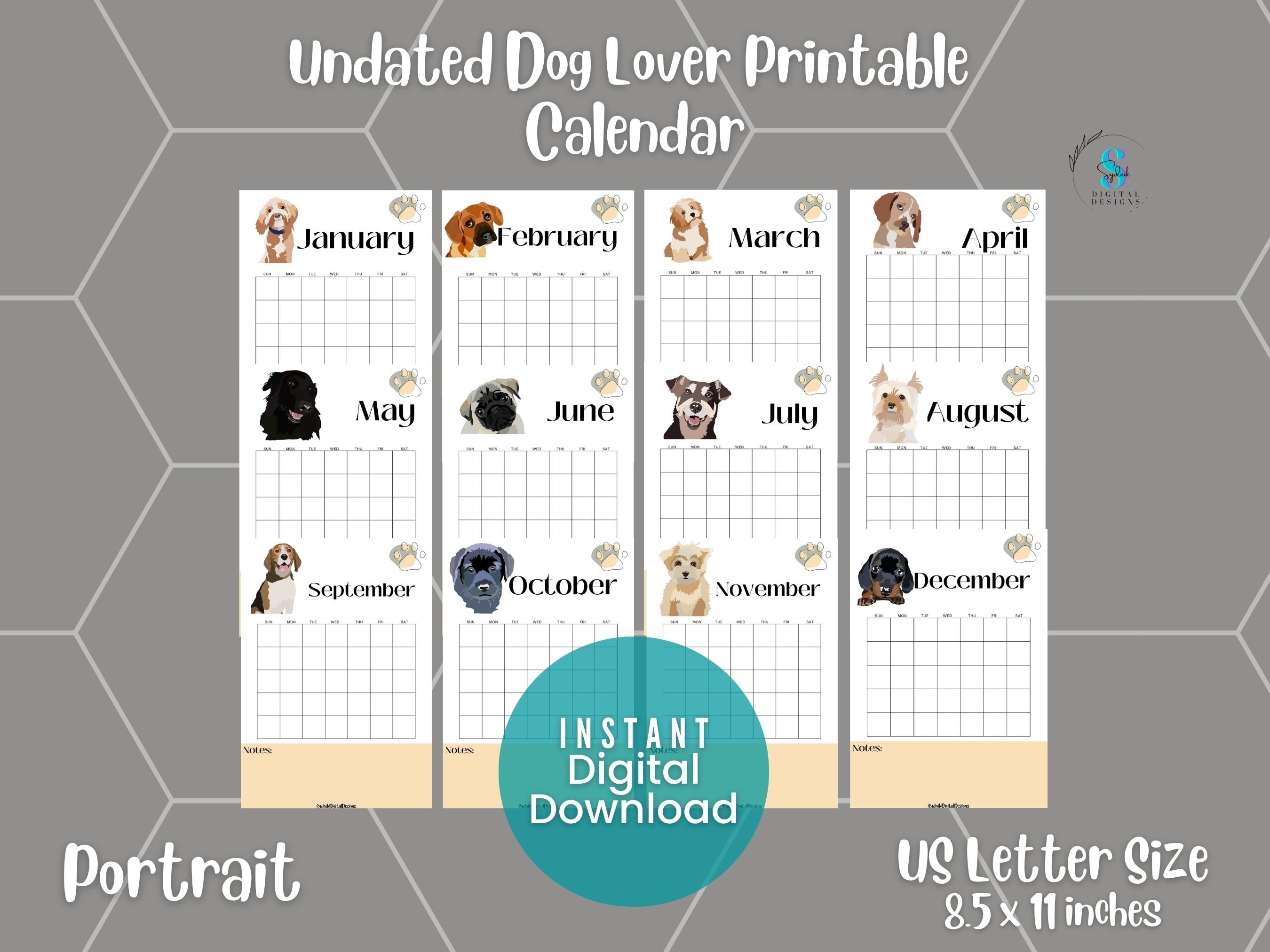 Printable Dog Lover Calendar| Portrait Calendar| Printable Calendar ...