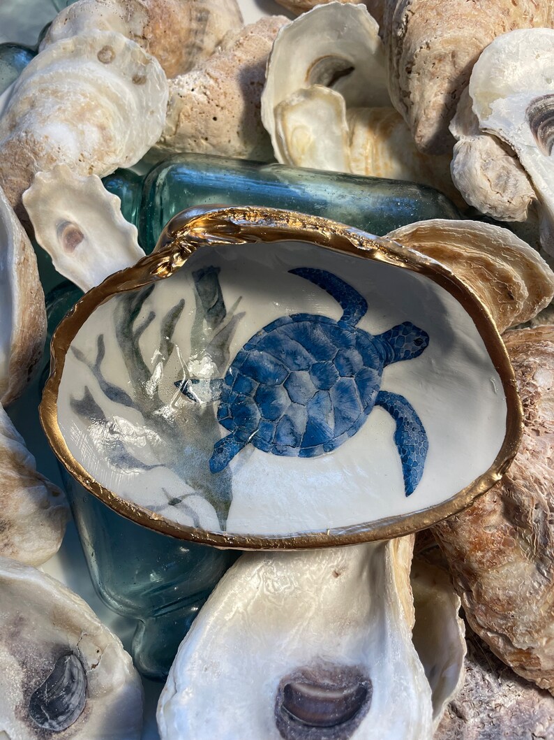Clam Shell Decoupage Ring Dish, Jewelry, Trinket Holder Blue Sea Turtle ...