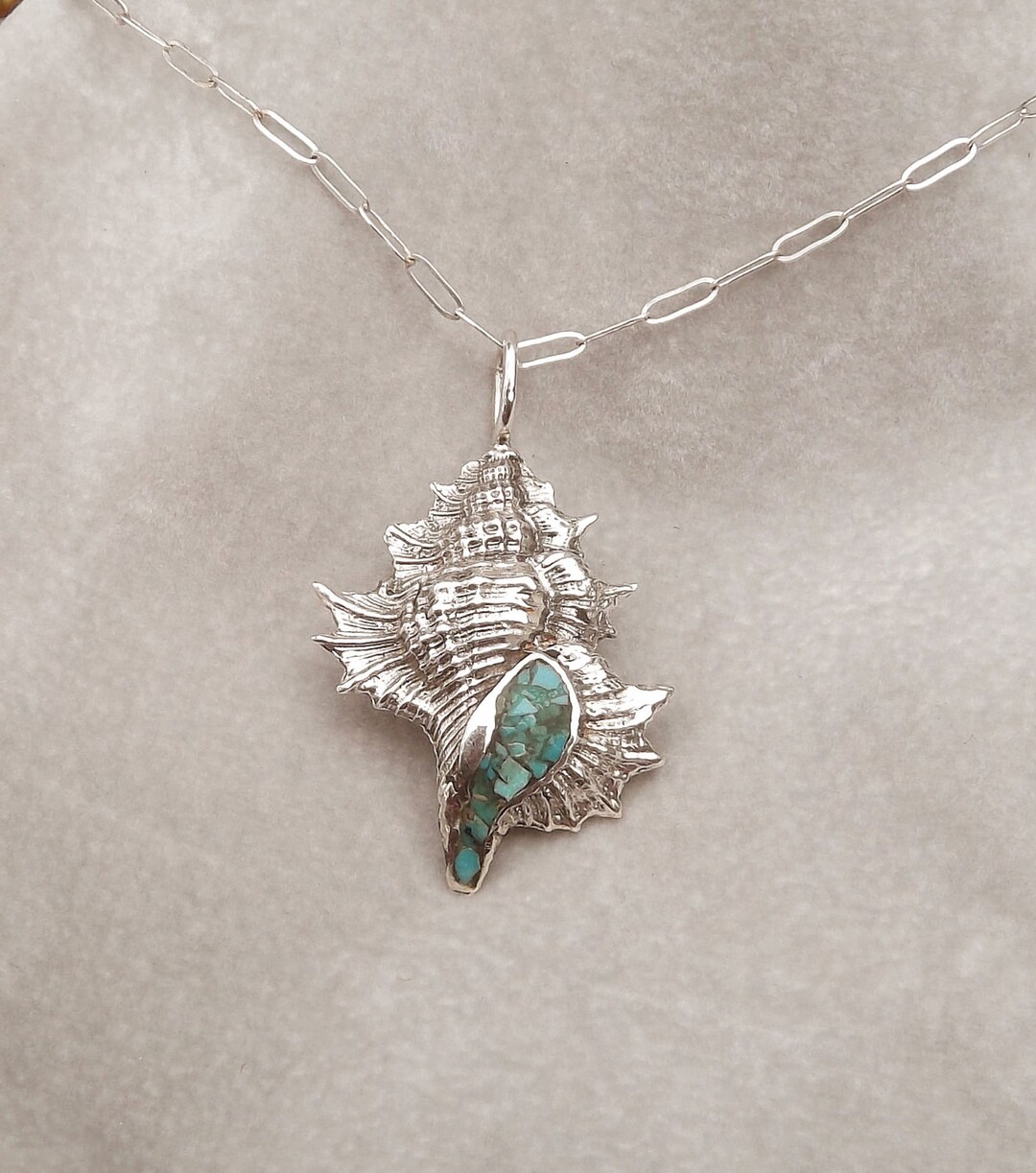 Sterling Silver murex Shell Pendant With Turquoise Chip Inlay. OOAK ...