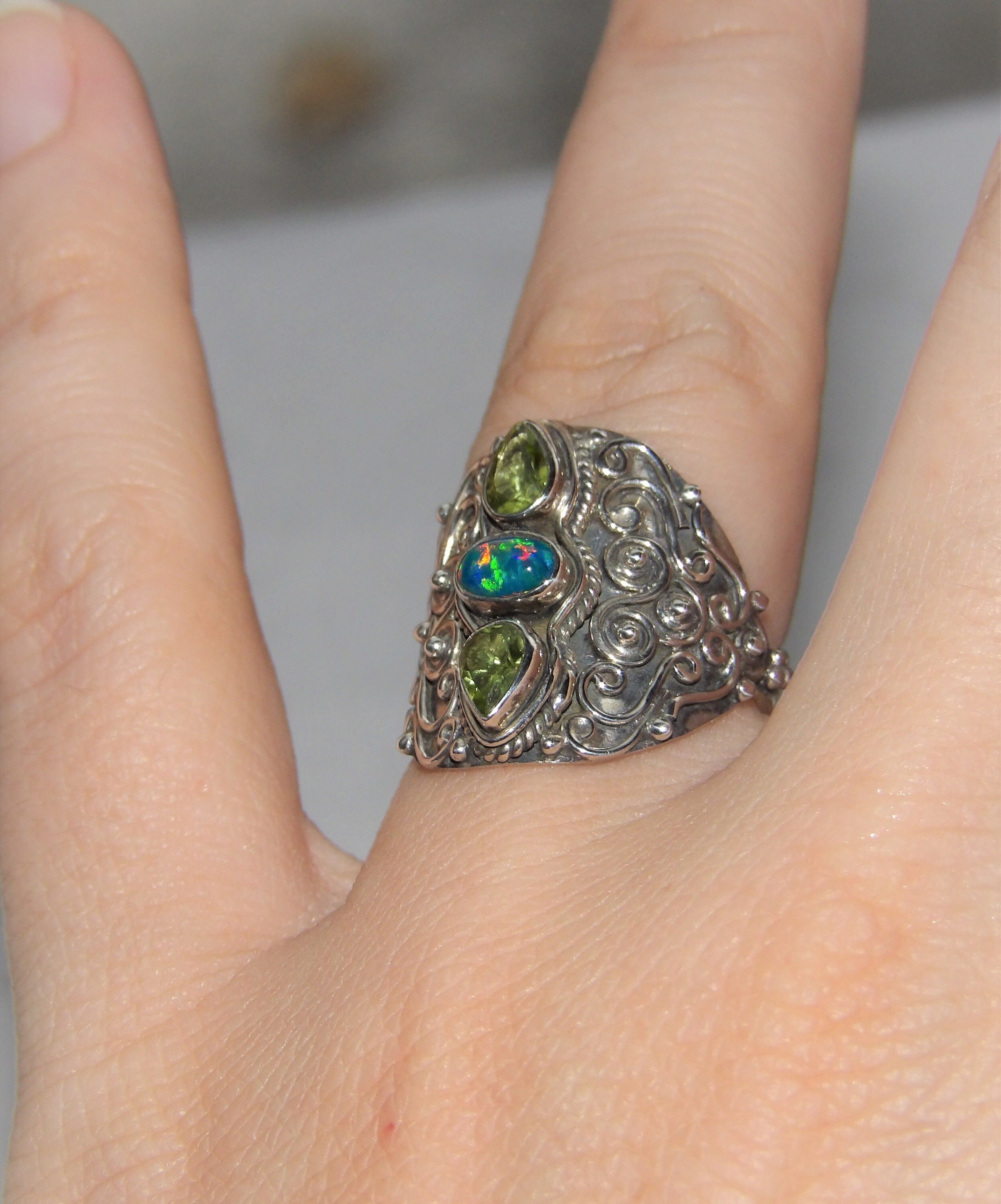 Sterling Silver Scroll Ring 925 Opal and Peridot Ring Boho - Etsy