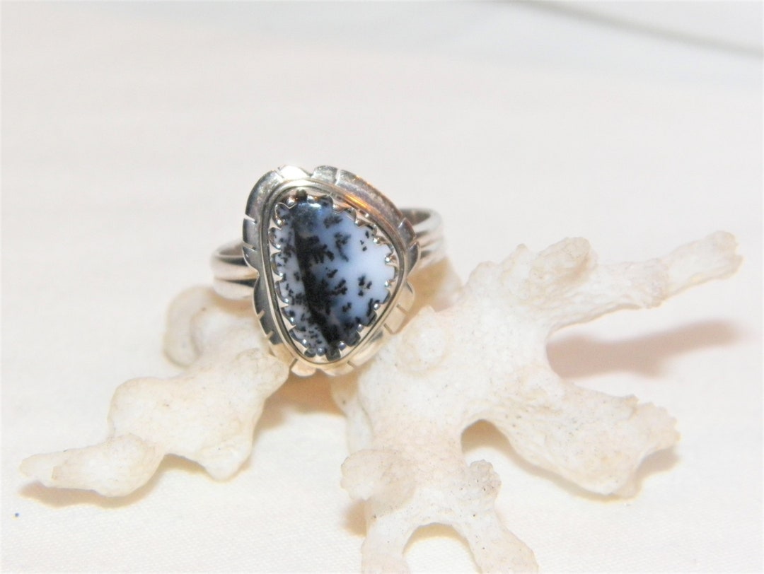 Sterling Silver Agate Ring, Black and White Gemstone Ring, Dendritic ...
