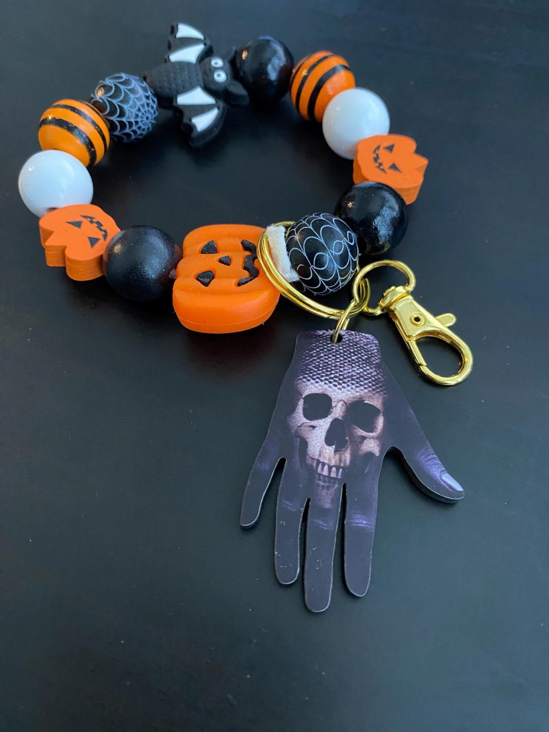 Beaded Spooky Halloween Stretch Keyring Bracelet With Creepy Hand Charm ...