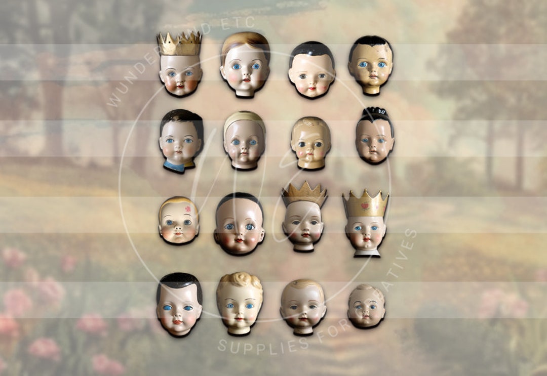 Set of 16 Doll Heads Diy Jewelry Pins Necklace Wood Cuts Assemblage ...