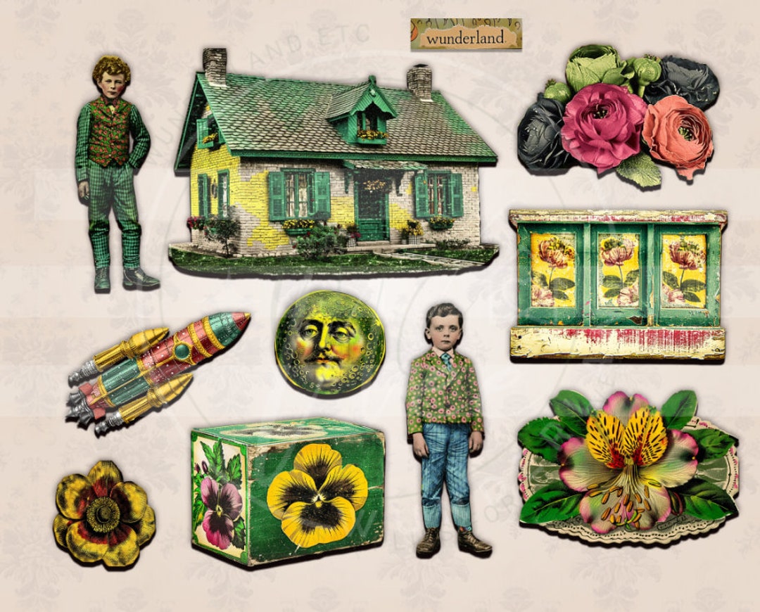 10 Pcs Mixed Green Vintage Retro Woodcuts – Mixed Media Altered Art ...