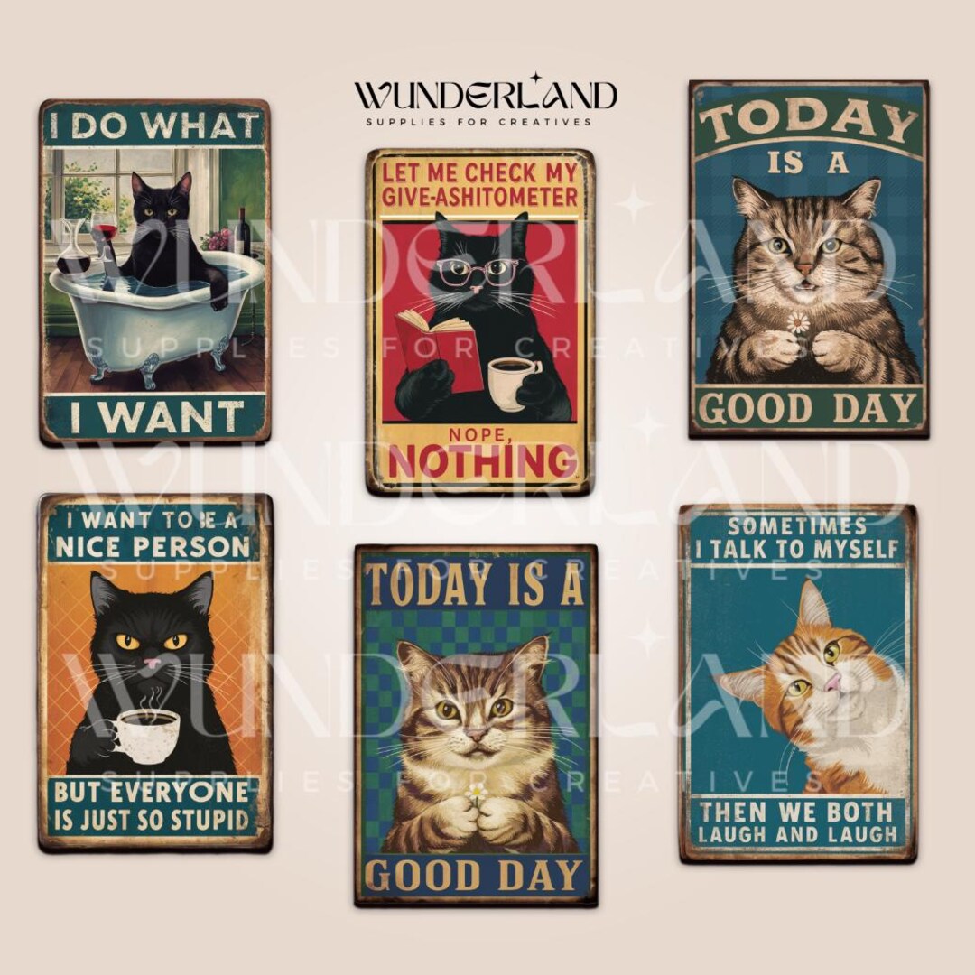 6 Funny Cat Signs - Cutouts for Altered Art/mixed Media, Wood Diecuts ...