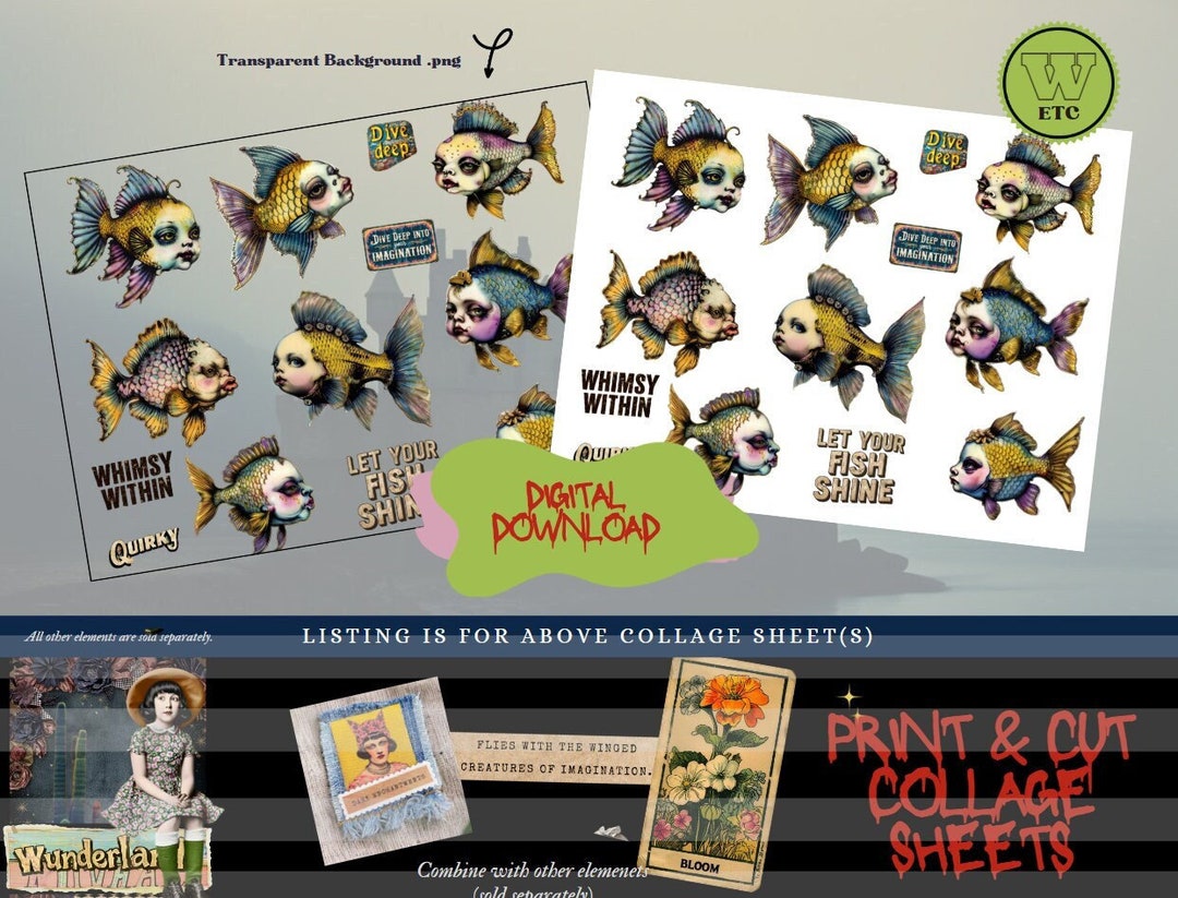 Whimsical Fish Fussy Cut - Digital Collage Sheet Instant Download Mixed ...