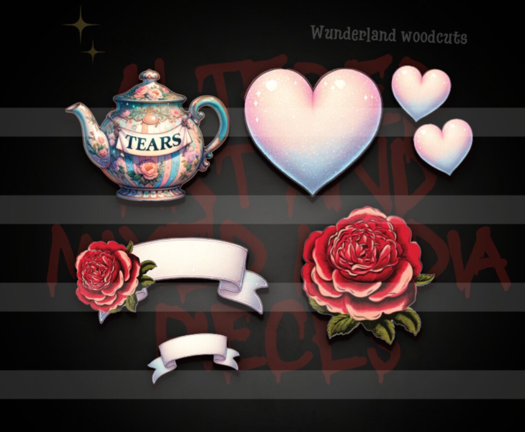 7 Pc Woodcuts Heart Rose Teapot Banner Mixed Media Altered Art Wood ...
