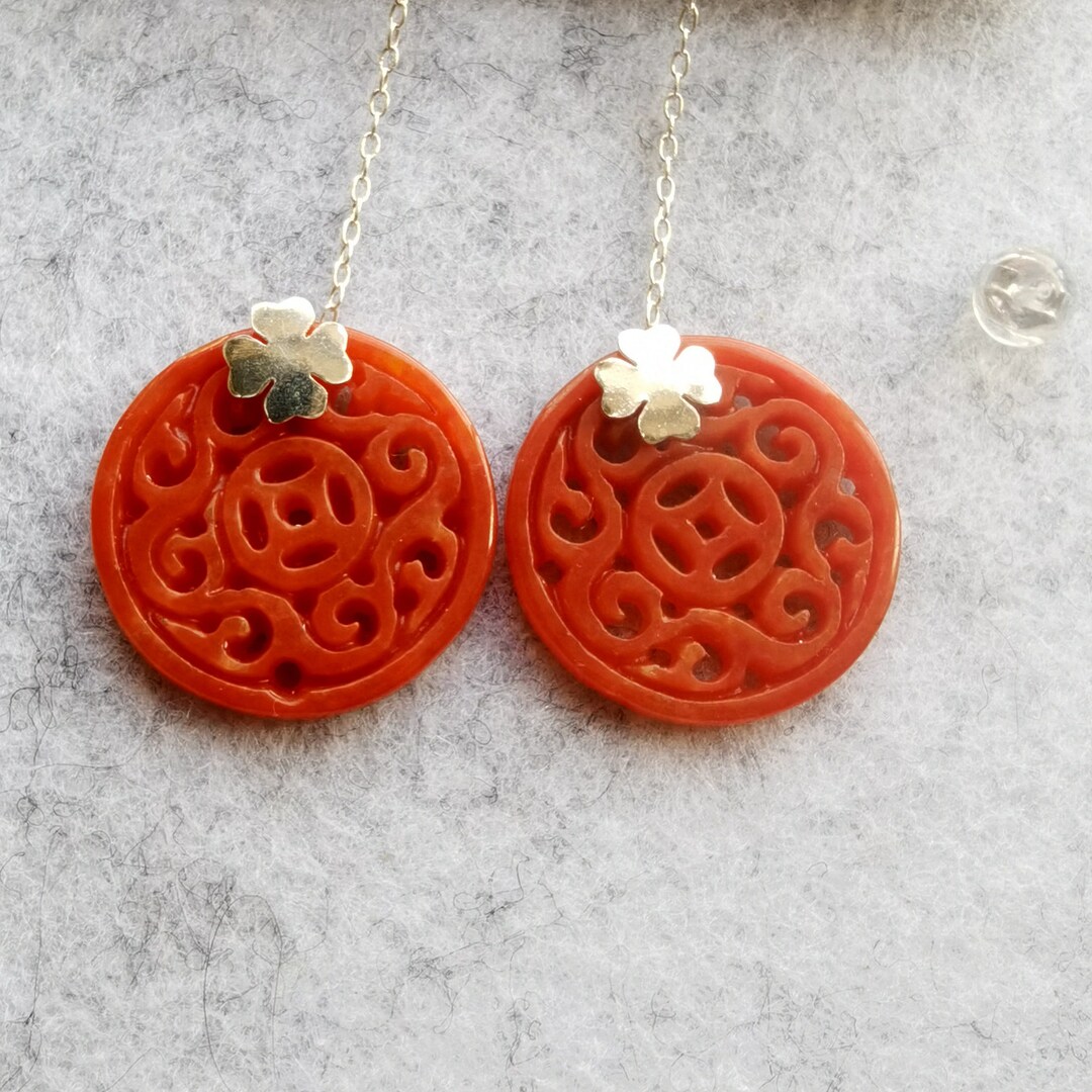 925 Sterling Silver Ear Threads Red Jade Chinese Traditional Auspicious ...