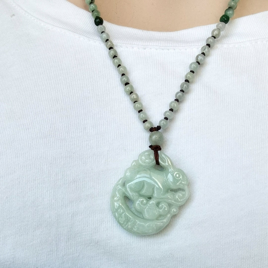 Certificated Jadeite Pendant Rabbit on Moon Hand Knotted Burma Jade ...