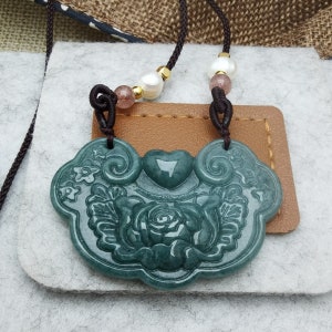 Natural Jadeite Pendant Carved Flower Longevity Lock 花开富贵 长命锁 With ...
