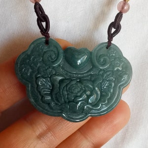 Natural Jadeite Pendant Carved Flower Longevity Lock 花开富贵 长命锁 With ...