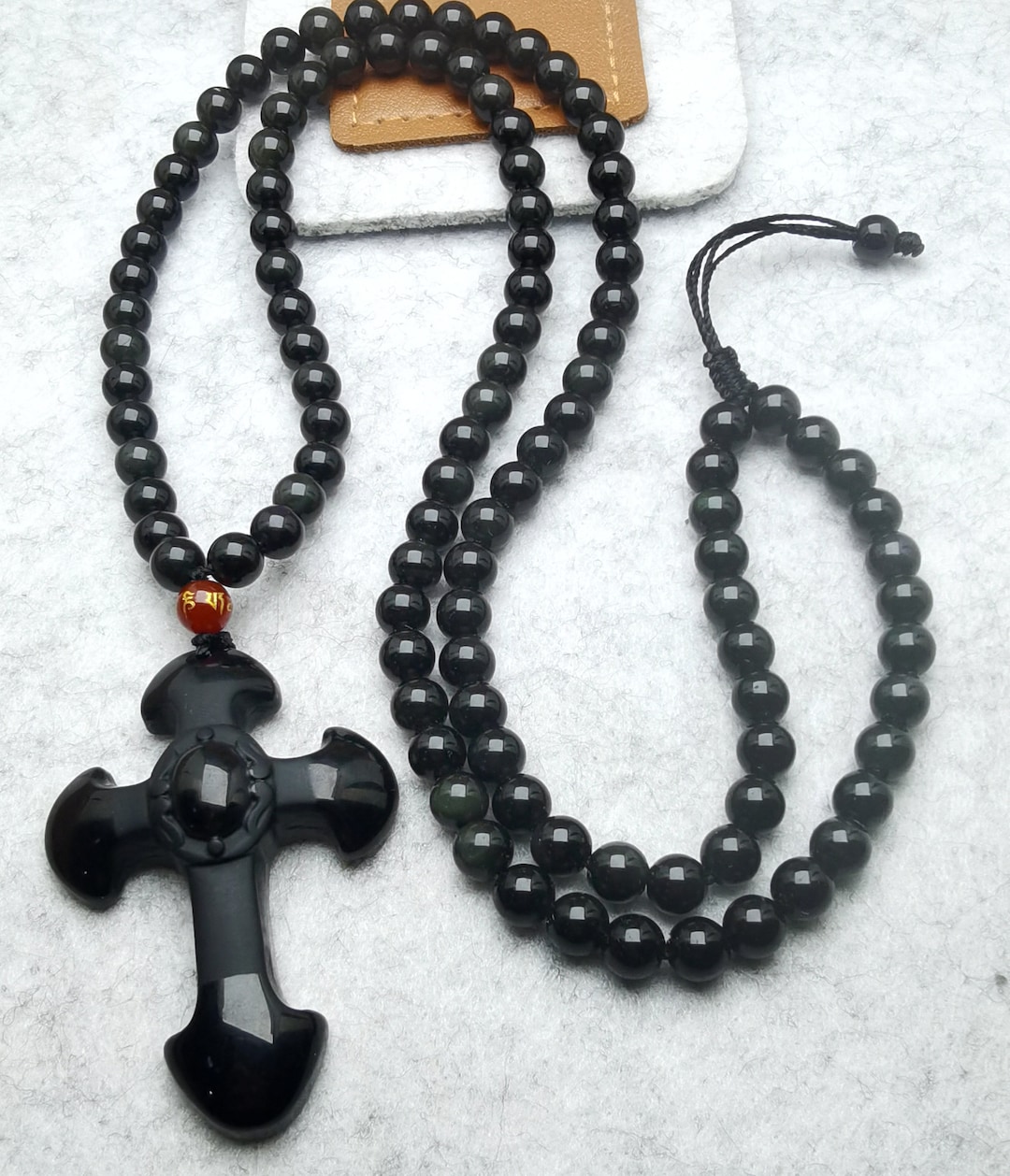 Black Obsidian Cross Pendant Necklace: Agate Beaded Chain, Adjustable ...