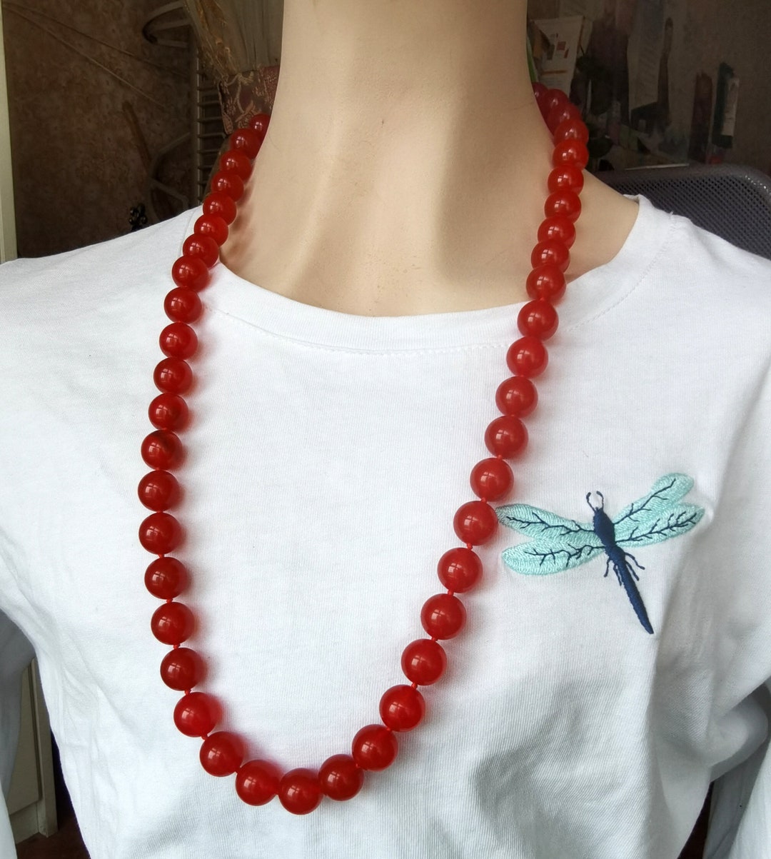 Candy Red Jade Bead Necklace: Round Gemstone, 14mm Beads - Etsy